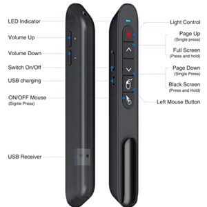 DINOSTRIKE Wireless Presenter Remote with Air Mouse Control, Rechargeable USB Presentation Clicker PPT Pointer RF 2.4GZ PowerPoint Clicker Slide Advancer for Computer Laptop Mac