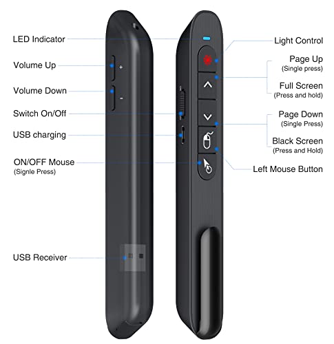 DINOSTRIKE Wireless Presenter Remote with Air Mouse Control, Rechargeable USB Presentation Clicker PPT Pointer RF 2.4GZ PowerPoint Clicker Slide Advancer for Computer Laptop Mac