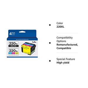 High Yield 220XL Ink Cartridges Remanufactured Replacement for Epson 220 XL Combo Pack Use with WF-2760 WF-2750 WF-2660 WF-2650 WF-2630 XP-424 XP-420 XP-320（ Black Cyan Magenta Yellow 4 Pack）