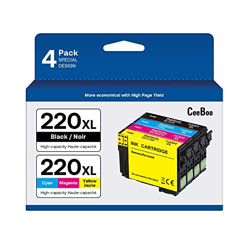 High Yield 220XL Ink Cartridges Remanufactured Replacement for Epson 220 XL Combo Pack Use with WF-2760 WF-2750 WF-2660 WF-2650 WF-2630 XP-424 XP-420 XP-320（ Black Cyan Magenta Yellow 4 Pack）