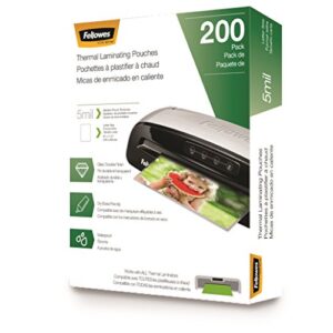 fellowes thermal laminating pouches, letter size sheets, 5mil 200pk, clear (5743601)