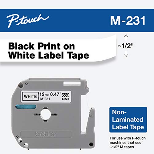 Brother Genuine P-touch M-231 Tape, 1/2" (0.47") Standard P-touch Tape, Black on White, for Indoor Use, Water Resistant, 26.2 Feet (8M), Single-Pack