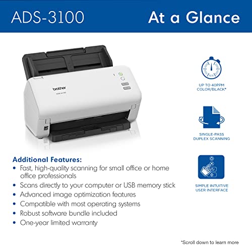 Brother ADS-3100 High-Speed Desktop Scanner | Compact with Scan Speeds of Up to 40ppm