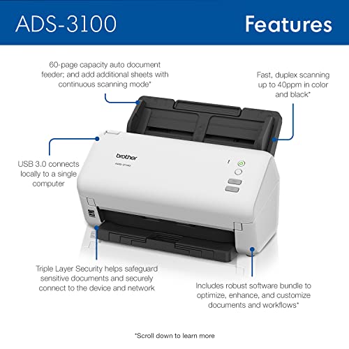 Brother ADS-3100 High-Speed Desktop Scanner | Compact with Scan Speeds of Up to 40ppm