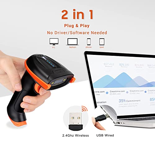 Tera Barcode Scanner Wireless 1D Laser Cordless Barcode Reader with Battery Level Indicator, Versatile 2 in 1 2.4Ghz Wireless and USB 2.0 Wired