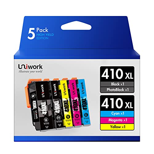 Uniwork Remanufactured Ink Cartridge Replacement for Epson 410XL 410 XL T410XL use for Expression XP-830 XP-640 XP-7100 XP-630 XP-530 XP-635 Printer tray (Latest Upgraded Chip, 5 Pack)