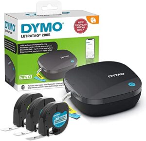 dymo letratag 200b bluetooth label maker, compact label printer, connects through bluetooth wireless technology to ios and android, includes 3 assorted label tapes