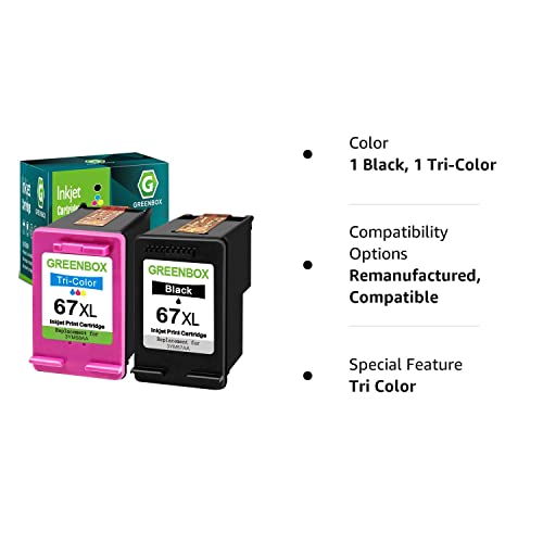 GREENBOX Remanufactured Ink Cartridge Replacement for HP 67 67XL for DeskJet 2732 2755 Envy 6052 6058 6075 DeskJet Plus 4152 4155 4158 Printer (1 Black 1 Tri-Color)