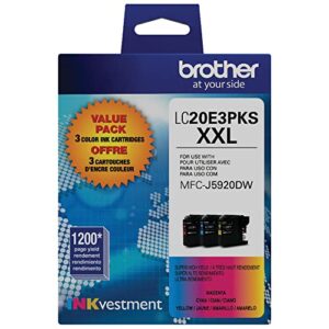 brother genuine high yield color ink cartridge, 3 pack of lc20e, replacement color ink three pack, includes 1 cartridge each of cyan, magenta & yellow, page yield up to 1200 pages/cartridge, lc20e