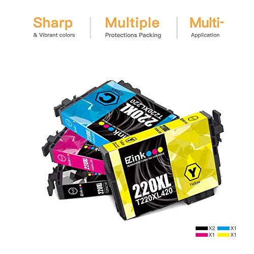 E-Z Ink (TM) Remanufactured Ink Cartridge Replacement for Epson 220 XL 220XL T220XL to use with WF-2760 WF-2750 WF-2630 WF-2650 WF-2660 XP-320 XP-420 XP-424(2 Black, 1 Cyan, 1 Magenta, 1 Yellow)5Pack