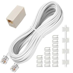 phone extension cord 25 ft, telephone cable with standard rj11 plug and 1 in-line couplers and 20 cable clip holders, white