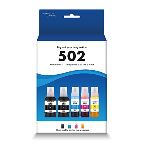 502 High Capacity (5 Bottles) Compatible Refill Ink Bottle Replacement for Epson 502 Ink Refill Bottles (Not Sublimation Ink) Use for EcoTank ET-2850 ET-3830 ET-3850 ET-2760 ET-3760 ET-15000 Printer