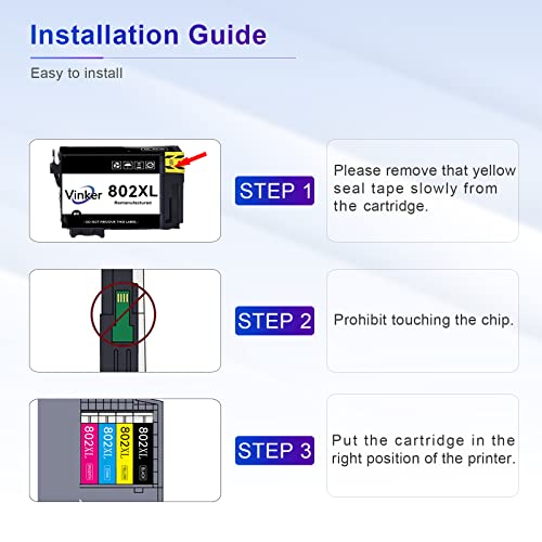 Vinker 802XL Remanufactured Ink Cartridge Replacement for Epson 802XL Ink Cartridges Combo Pack T802XL 802 T802 for Workforce Pro WF-4720 WF-4730 WF-4734 WF-4740 EC-4020 EC-4030 Printer (4 Pack)