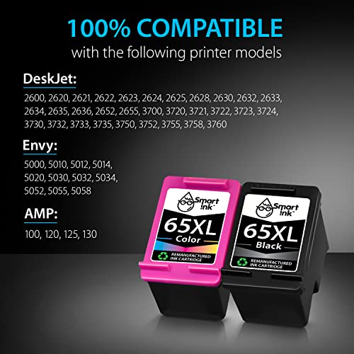 Smart Ink Remanufactured Ink Cartridge Replacement for HP 65XL 65 XL (Black & Color Combo Pack) to use with DeskJet 3755 3700 2600 2652 3752 2622 2655 3722 2636 2620 Envy 5055 5000 5052 5014 5010