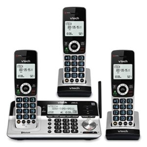 vtech vs113-3 extended range 3 handset cordless phone for home with call blocking, connect to cell bluetooth, 2″ backlit screen, big buttons, and answering system, silver & black