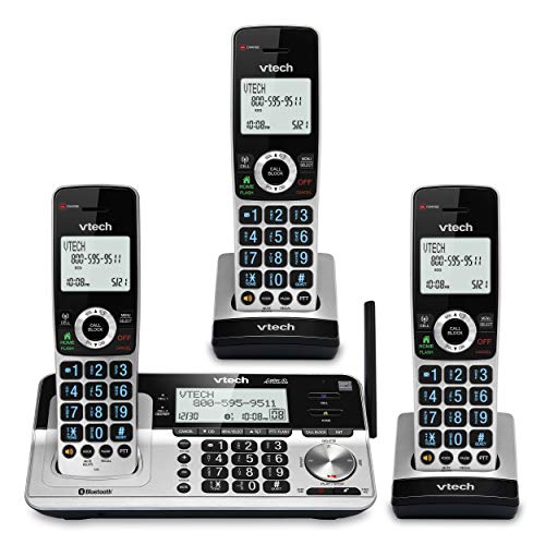 VTech VS113-3 Extended Range 3 Handset Cordless Phone for Home with Call Blocking, Connect to Cell Bluetooth, 2" Backlit Screen, Big Buttons, and Answering System, Silver & Black