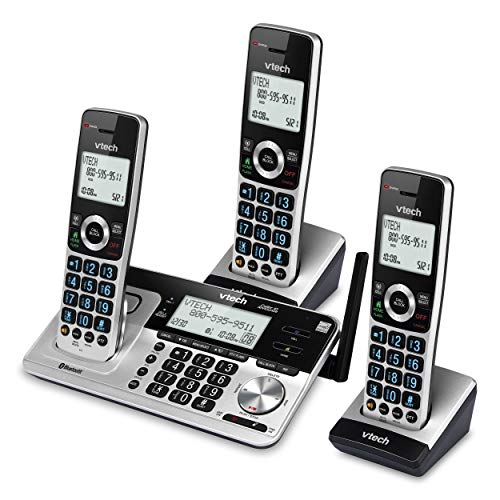 VTech VS113-3 Extended Range 3 Handset Cordless Phone for Home with Call Blocking, Connect to Cell Bluetooth, 2" Backlit Screen, Big Buttons, and Answering System, Silver & Black