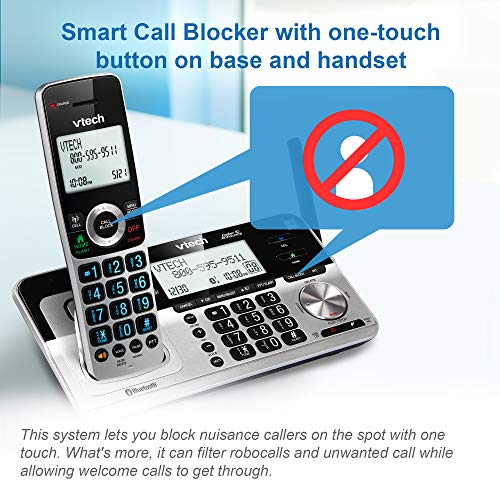 VTech VS113-3 Extended Range 3 Handset Cordless Phone for Home with Call Blocking, Connect to Cell Bluetooth, 2" Backlit Screen, Big Buttons, and Answering System, Silver & Black