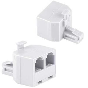 uvital rj11 duplex wall jack adapter dual phone line splitter wall jack plug 1 to 2 modular converter adapter for office home dsl fax model cordless phone system, white(2 packs)