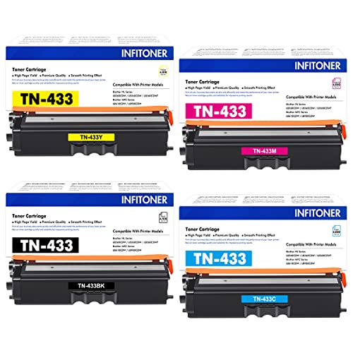 TN433 TN-433 Toner Cartridge 4-Pack Replacement for Brother TN 433 TN433BK TN433C TN433M TN433Y TN-431 TN431 for MFC-L8900CDW HL-L8360CDW HL-L8260CDW MFC-L8610CDW HL-L8360CDWT Printer