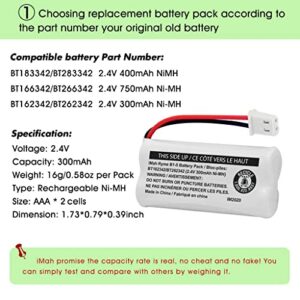 iMah BT162342/BT262342 2.4V 300mAh Ni-MH Cordless Phone Battery Pack, Also Compatible with BT183342/BT283342 AT&T EL52351 TL90070 VTech CS5119 DS6511 DS6722 LS6305 Handset, 2-Pack