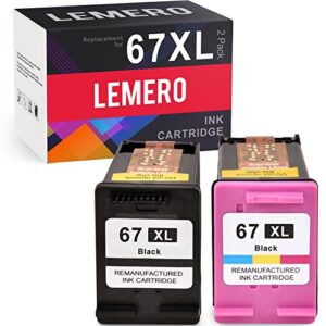 lemero 67 xl ink cartridges black color combo pack remanufactured replacement for 67 67xl for deskjet 2755e 2700 envy 6000 6055 6055e 6052 pro 6400 6455 6455e 6452 printer (1 black, 1 tri-color)