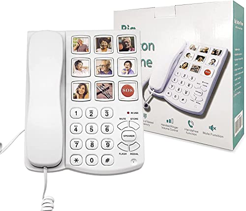 Big Button Phone for Seniors, 9 Pictured Big Buttons,Extra Loud Ringer,Wired Simple Basic Landline Telephone for Visually Impaired Old People with Large Easy Buttons, Emergency House Phones