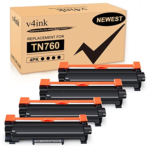 v4ink 4PK Compatible TN760 Toner Cartridge Replacement for Brother TN760 TN730 TN770 High Yield Toner for MFC-L2690DW MFC-L2717DW MFC-L2710DW MFC-L2750DW HL-L2325DW HL-L2350DW HL-L2390DW HL-L2395DW