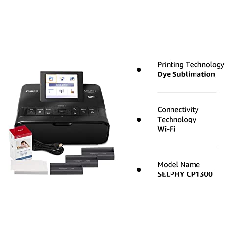 Canon SELPHY CP1300 Compact Photo Printer (Black) with WiFi and Accessory Bundle w/Canon Color Ink and Paper Set