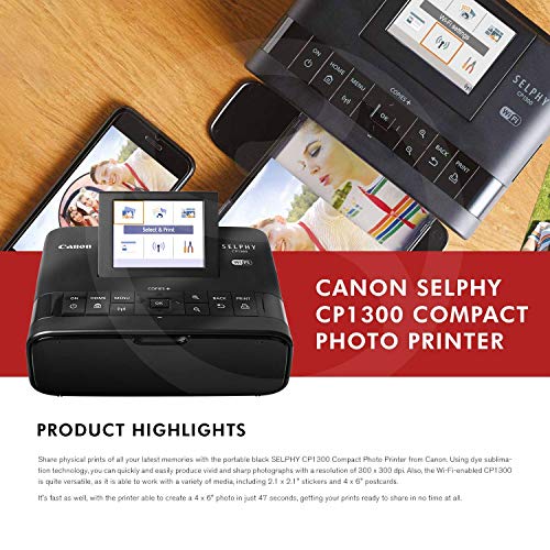 Canon SELPHY CP1300 Compact Photo Printer (Black) with WiFi and Accessory Bundle w/Canon Color Ink and Paper Set