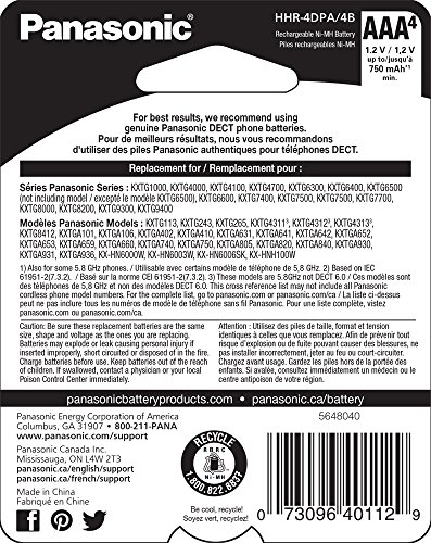 Panasonic Genuine HHR-4DPA/4B AAA NiMH Rechargeable Batteries for DECT Cordless Phones, 4 Pack