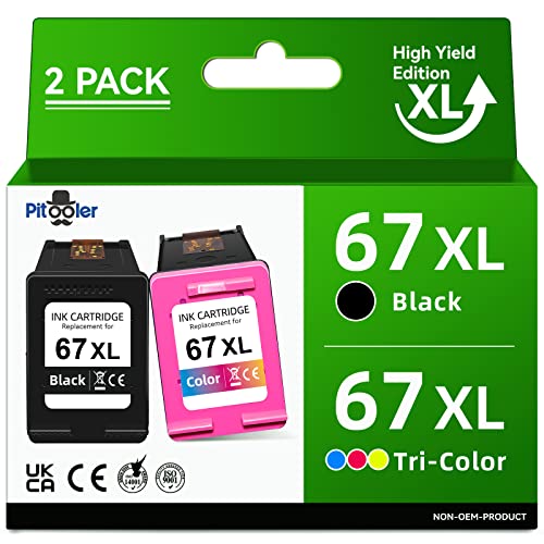 Pitooler for HP67 Ink Cartridges, for HP 67/67XL Ink Cartridges Black/Color Combo Pack Compatible for HP Envy 6055e 6000 Pro 6400 Ink Cartridges, DeskJet 2700 2755e 4155e 4100 2700e 4100e 4155 Printer