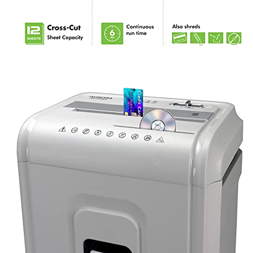 Aurora AU1262XA Anti-Jam 12-Sheet Crosscut Paper and CD/Credit Card Shredder, White/Gray