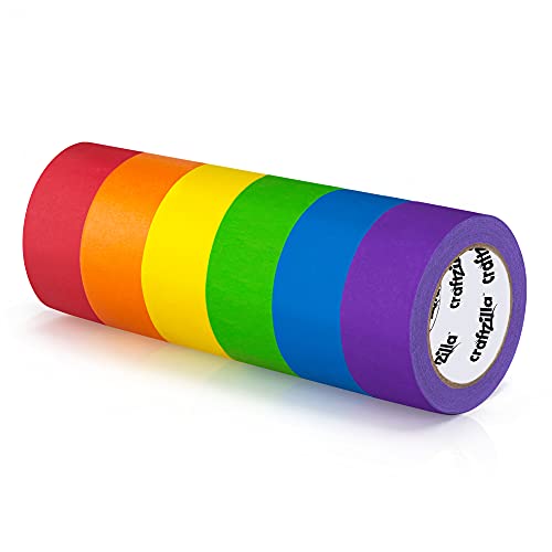 Craftzilla Colored Masking Tape – 6 Roll Multi Pack – 180 Feet x 1 Inch of Colorful Craft Tape – Vibrant Rainbow Colored Painters Tape – Great for Arts & Crafts, Labeling and Color-Coding