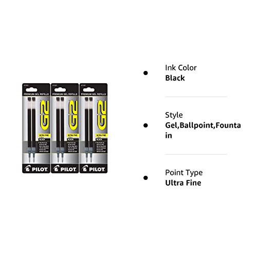 Pilot G2 Gel Ink Pen Refills, Ultra Fine Point, 0.38mm, Black Ink, 6 Refills