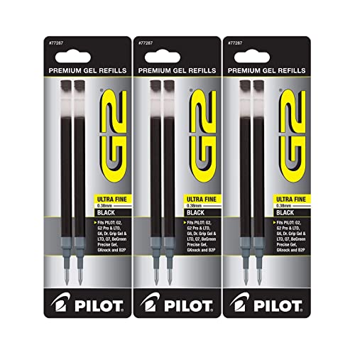 Pilot G2 Gel Ink Pen Refills, Ultra Fine Point, 0.38mm, Black Ink, 6 Refills