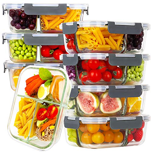 Bayco 8 Pack Glass Meal Prep Containers 3 Compartment, Glass Food Storage Containers with Lids, Airtight Glass Lunch Bento Boxes, BPA-Free & Leak Proof (8 lids & 8 Containers) - Grey