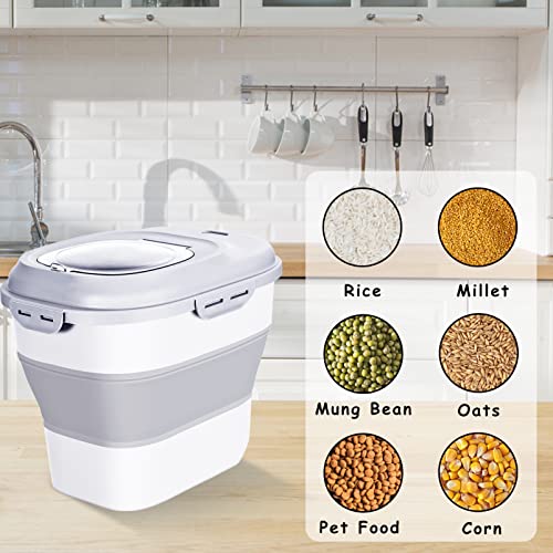 Cereal Rice Food Storage Containers, Collapsible 20 to 50 Lbs Dispenser Bin with Rolling Wheel Airtight Locking Lid, Dog Pet Cat Flour Sugar Plastic Leakproof Sealable Large Kitchen Pantry Holder