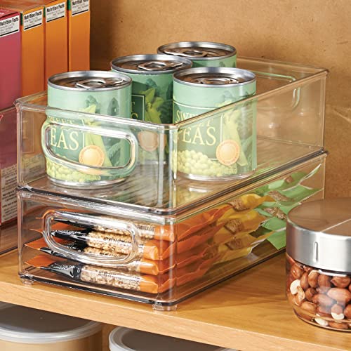 mDesign Plastic Kitchen Pantry Cabinet, Refrigerator or Freezer Food Storage Bins with Handles - Organizer for Fruit, Yogurt, Snacks, Pasta - Food Safe, BPA Free, 10” Long - 4 Pack, Clear