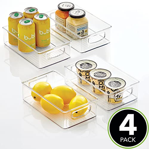 mDesign Plastic Kitchen Pantry Cabinet, Refrigerator or Freezer Food Storage Bins with Handles - Organizer for Fruit, Yogurt, Snacks, Pasta - Food Safe, BPA Free, 10” Long - 4 Pack, Clear