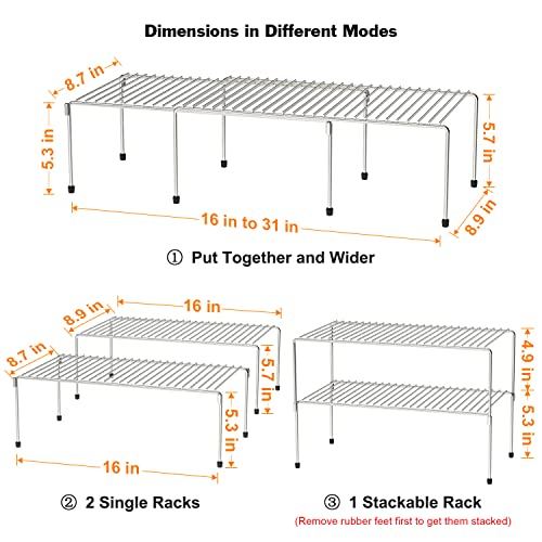 WOSOVO Set of 2 Kitchen Cabinet Organizer and Storage Shelves Stackable Expandable Storage Racks with Anti-Slip Liners for Cabinet Pantry, Silver