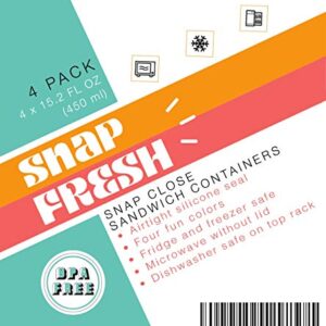 Snap Fresh - 4 Pack of Sandwich Containers (450 ml) - Reusable, BPA Free Plastic, Snap & Lock Shut Lids and Silicone Seal. Great for Fruit, Salad, Lunch Box Snacks and Food Storage; Kids and Adults