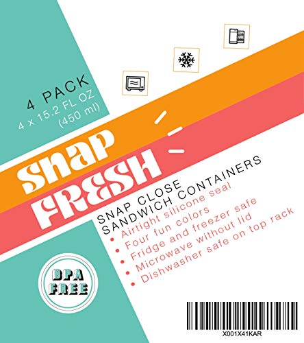 Snap Fresh - 4 Pack of Sandwich Containers (450 ml) - Reusable, BPA Free Plastic, Snap & Lock Shut Lids and Silicone Seal. Great for Fruit, Salad, Lunch Box Snacks and Food Storage; Kids and Adults