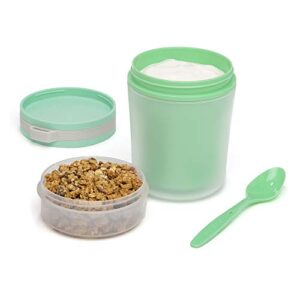 goodful double wall insulated yogurt container, leak proof food storage, snack container with reusable plastic spoon, microwave safe, dishwasher safe, freezer safe, 14-ounce, green