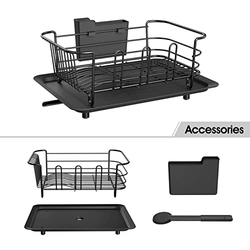 Klvied Dish Rack with Swivel Spout, Dish Drying Rack with Drainboard, Dish Drainers for Kitchen Counter, Dish Strainer with Removable Utensil Holder, Stainless Steel Dish Drainer in Sink, Black