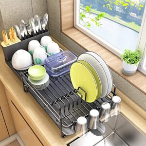 pxrack dish drying rack, expandable(19.1″-26.9″) large capacity dish rack and drainboard set, stainless steel dish drainers with utensil holder for kitchen counter, black