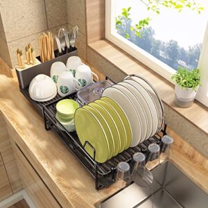 PXRACK Dish Drying Rack, Expandable(19.1"-26.9") Large Capacity Dish Rack and Drainboard Set, Stainless Steel Dish Drainers with Utensil Holder for Kitchen Counter, Black