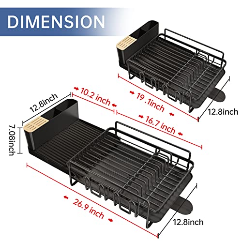 PXRACK Dish Drying Rack, Expandable(19.1"-26.9") Large Capacity Dish Rack and Drainboard Set, Stainless Steel Dish Drainers with Utensil Holder for Kitchen Counter, Black