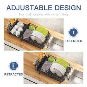 PXRACK Dish Drying Rack, Expandable(19.1"-26.9") Large Capacity Dish Rack and Drainboard Set, Stainless Steel Dish Drainers with Utensil Holder for Kitchen Counter, Black