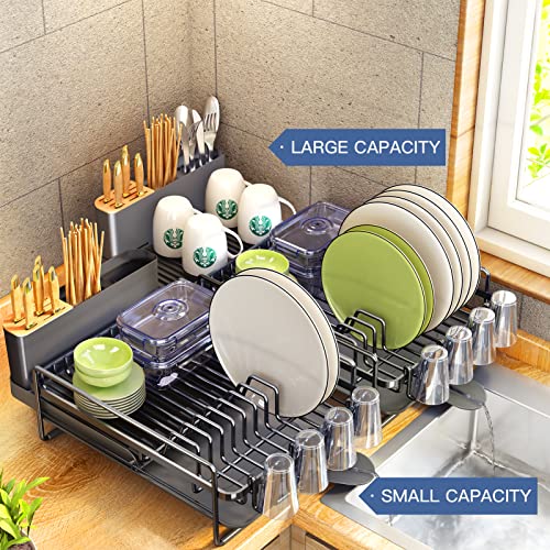 PXRACK Dish Drying Rack, Expandable(19.1"-26.9") Large Capacity Dish Rack and Drainboard Set, Stainless Steel Dish Drainers with Utensil Holder for Kitchen Counter, Black